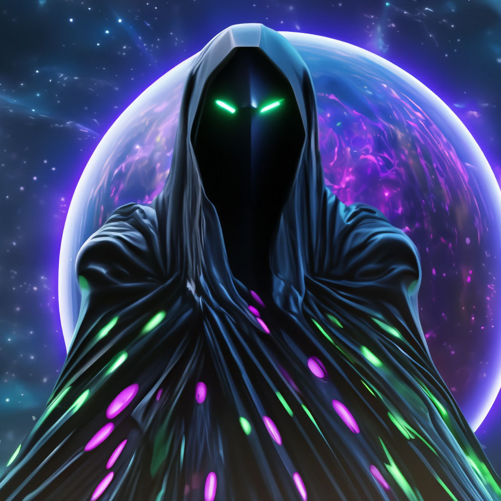 "Vebinar art, black luminous cloak, huge statue in the form of a planet ...