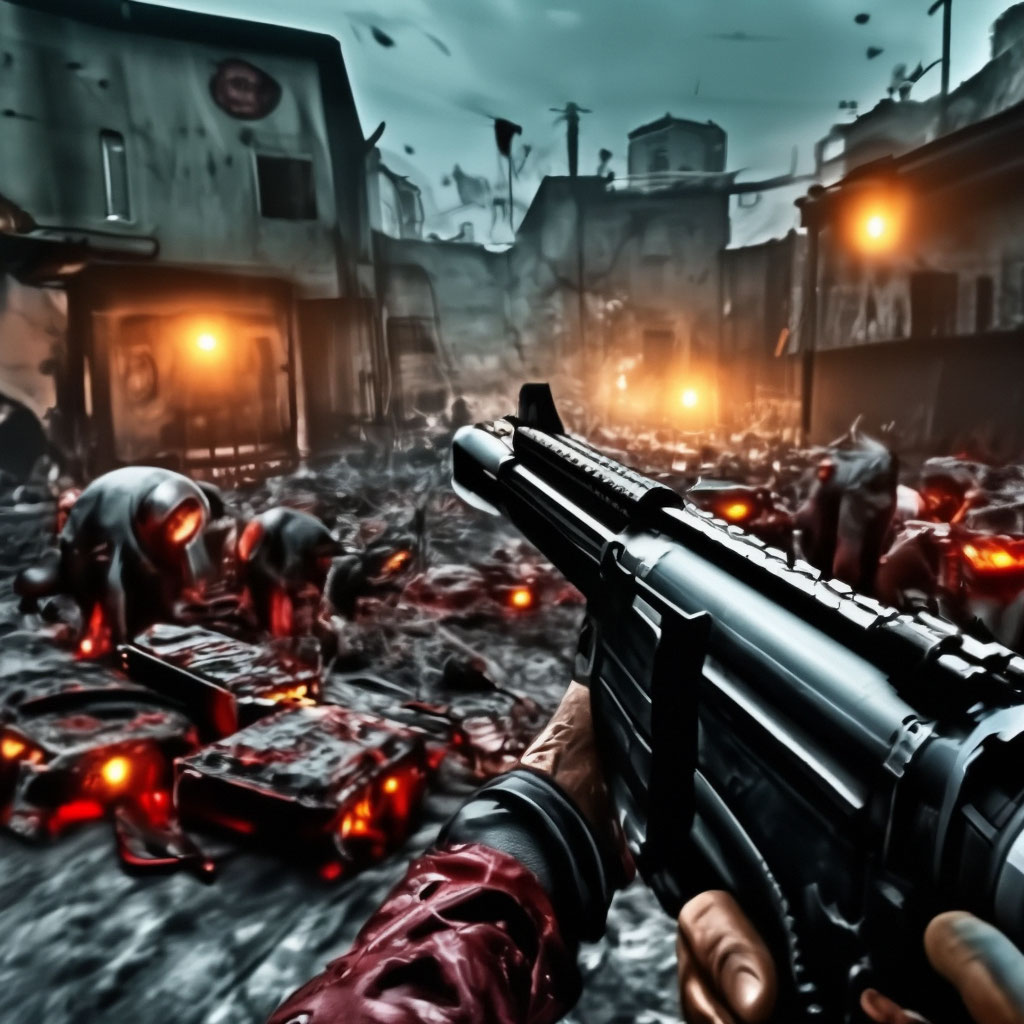 "First person view shooting zombies, action, bullets, lots of zombies ...