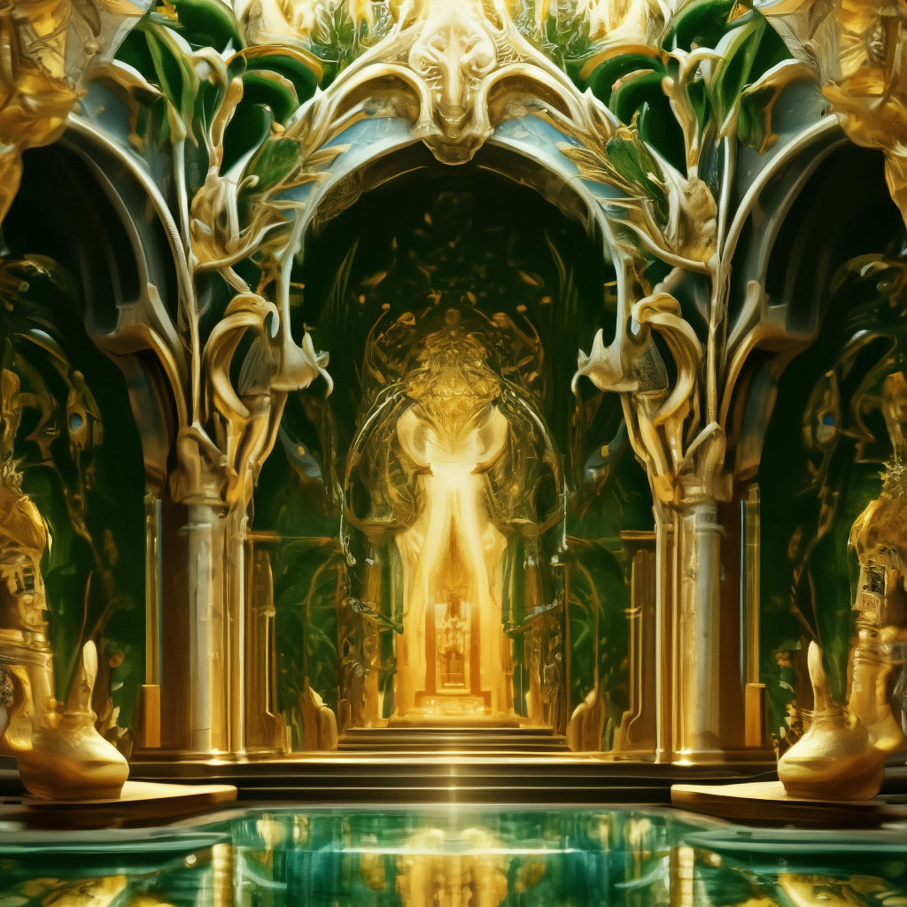 "Underground city,malachi, gold, statues, trees, flowers,centered ...