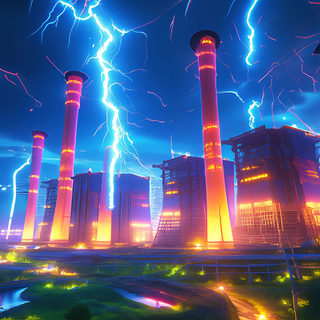 "Anime landscape, beautiful, neon colors,pipes and turbines, focus ...