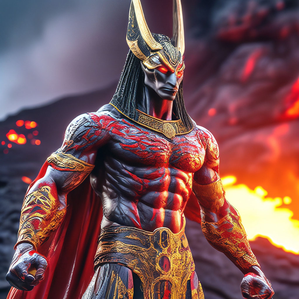"A figure consisting of fire rises from the lava, a real hybrid of a ...