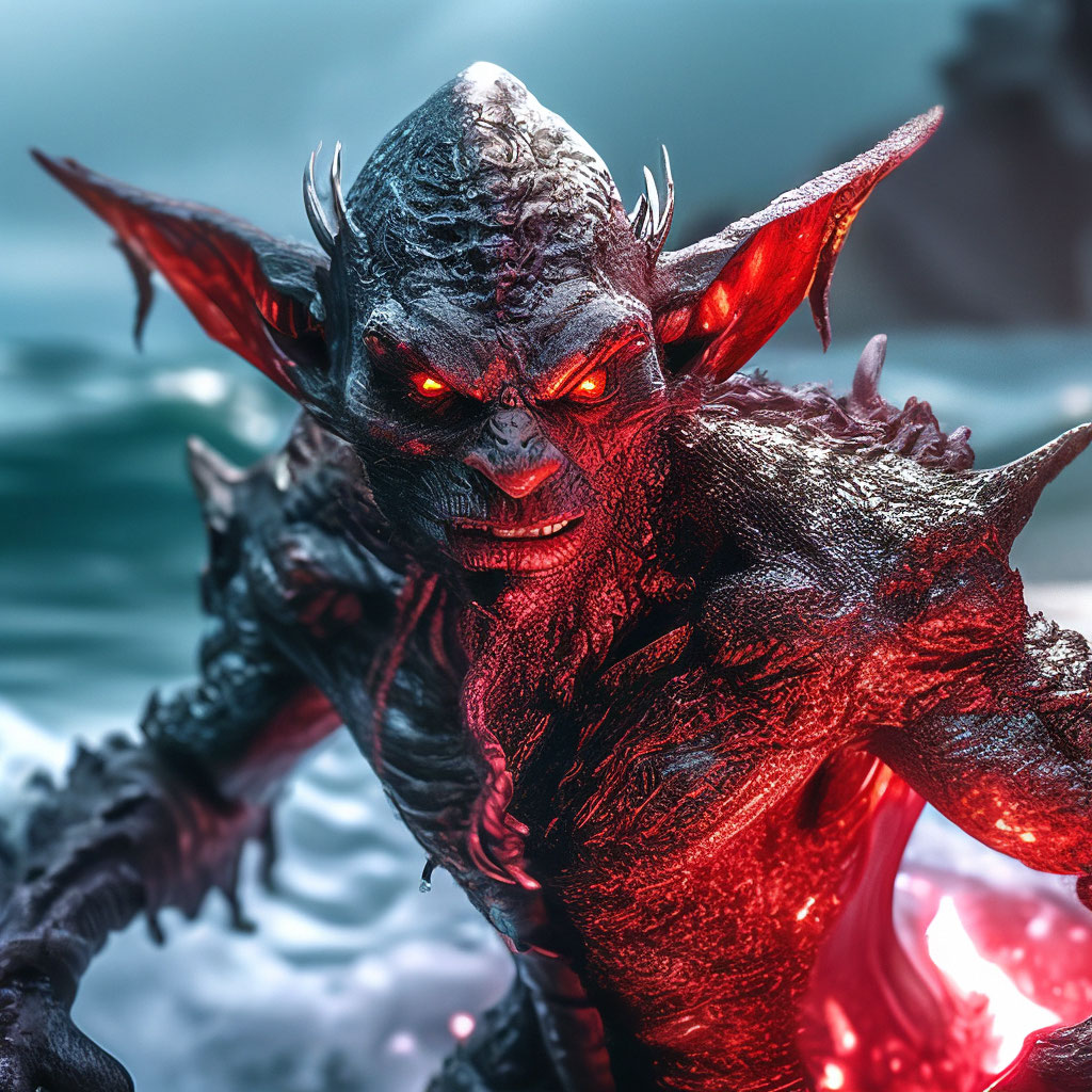"Evil goblin humanoid, standing in a boiling sea, hyper realistic ...