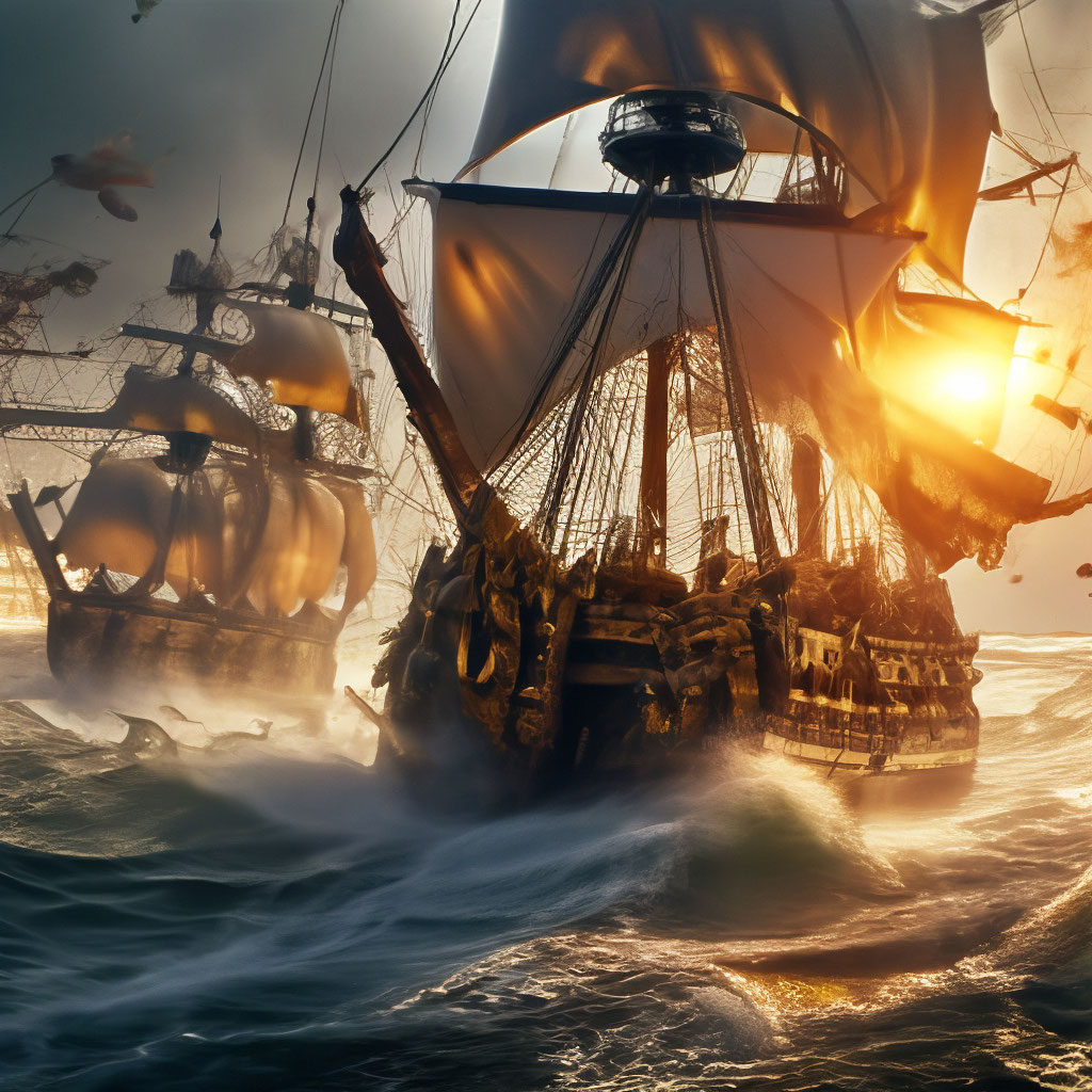"Naval battle of medieval ships torn sails cannon shots fire ...