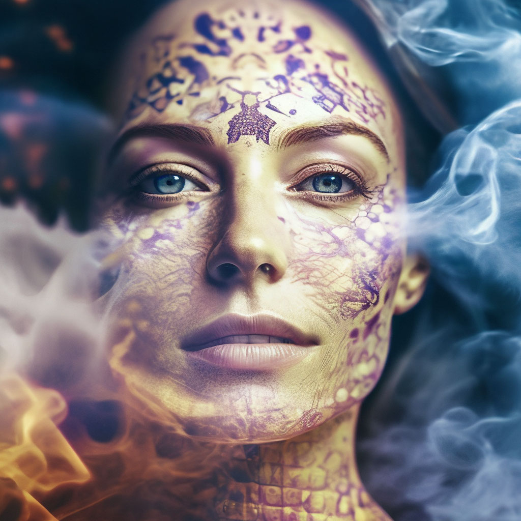 "Double exposure Patterned portrait of a beautiful woman penetrates ...