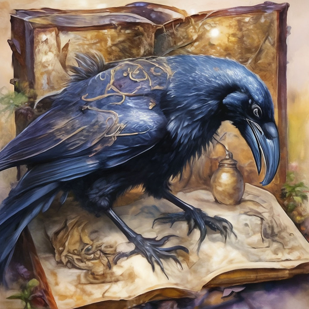 "Ancient battered spell book, fantastic creatures, raven, magic, old ...