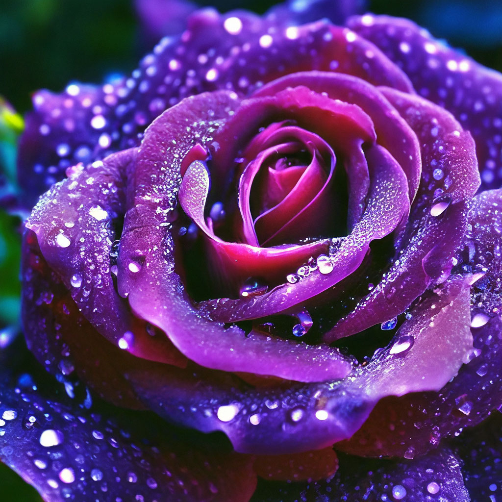 "Big purple beautiful spectacular velvety rose in dew drops fluorescent ...