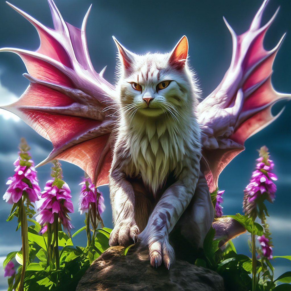 "A large evil cat with elements of a foxglove dragon, clear textures ...