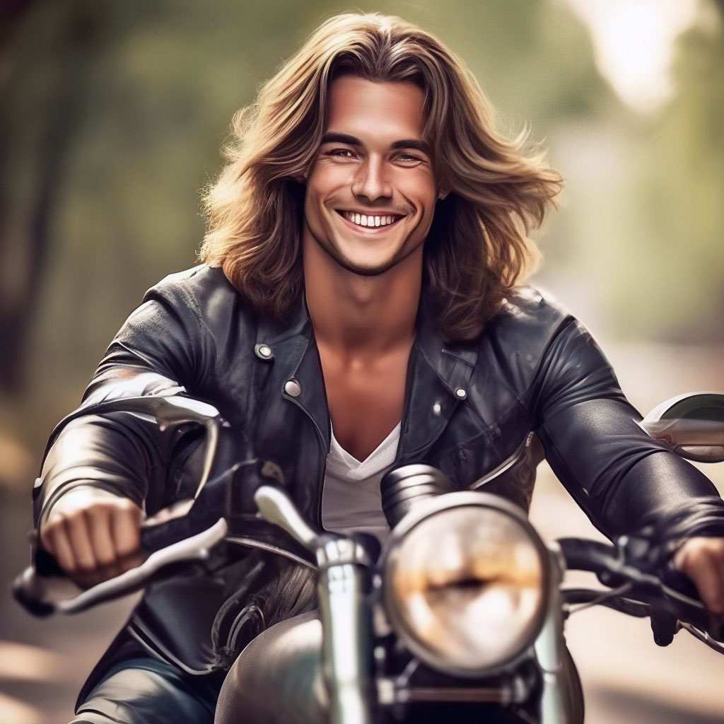 "Biker, young, smiling, long hair, stubble, handsome, manly face, big ...