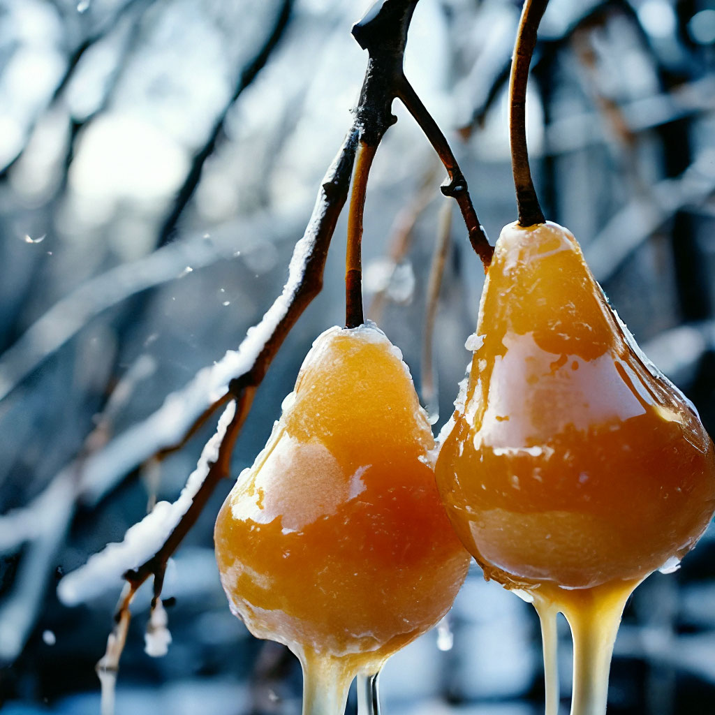 ". caramel pears hang on branches, transparent pears, bones are visible ...