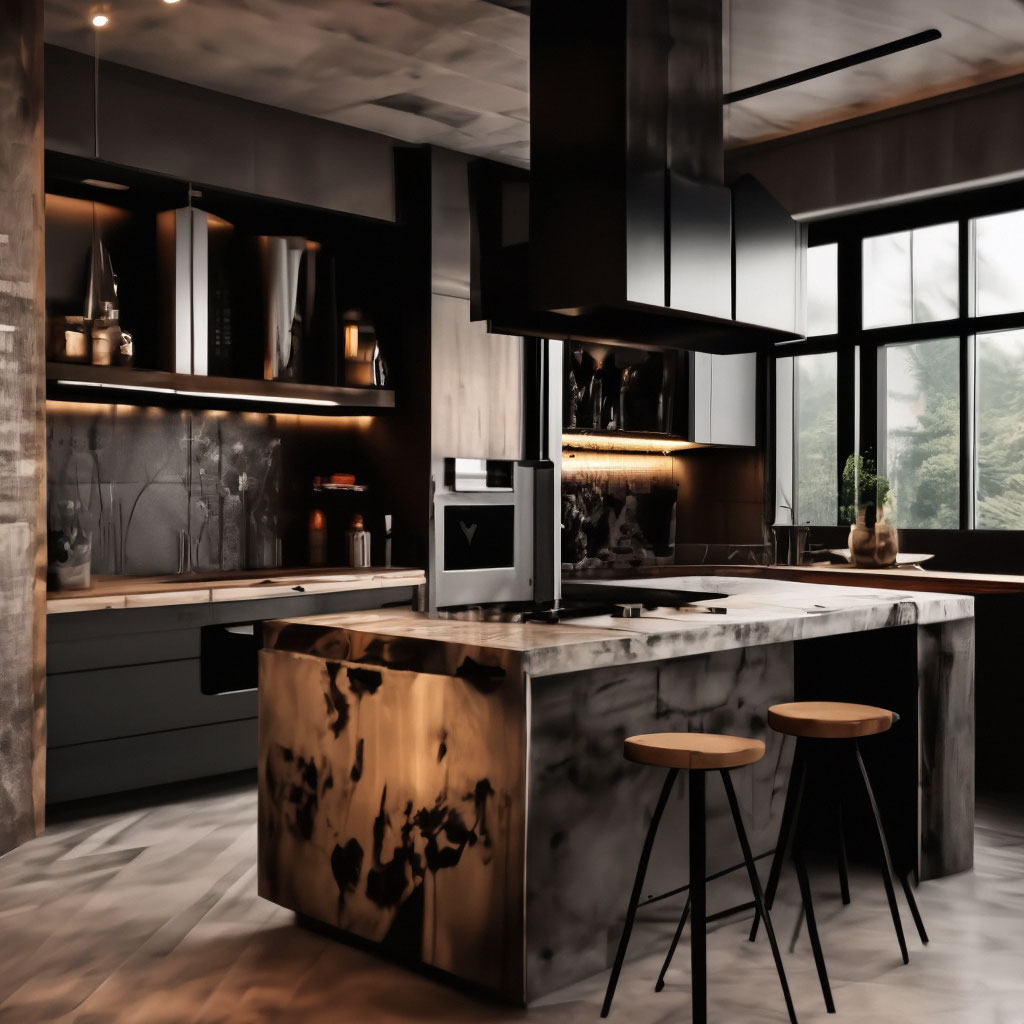 "The brutal interior of the kitchen" — image created in Shedevrum