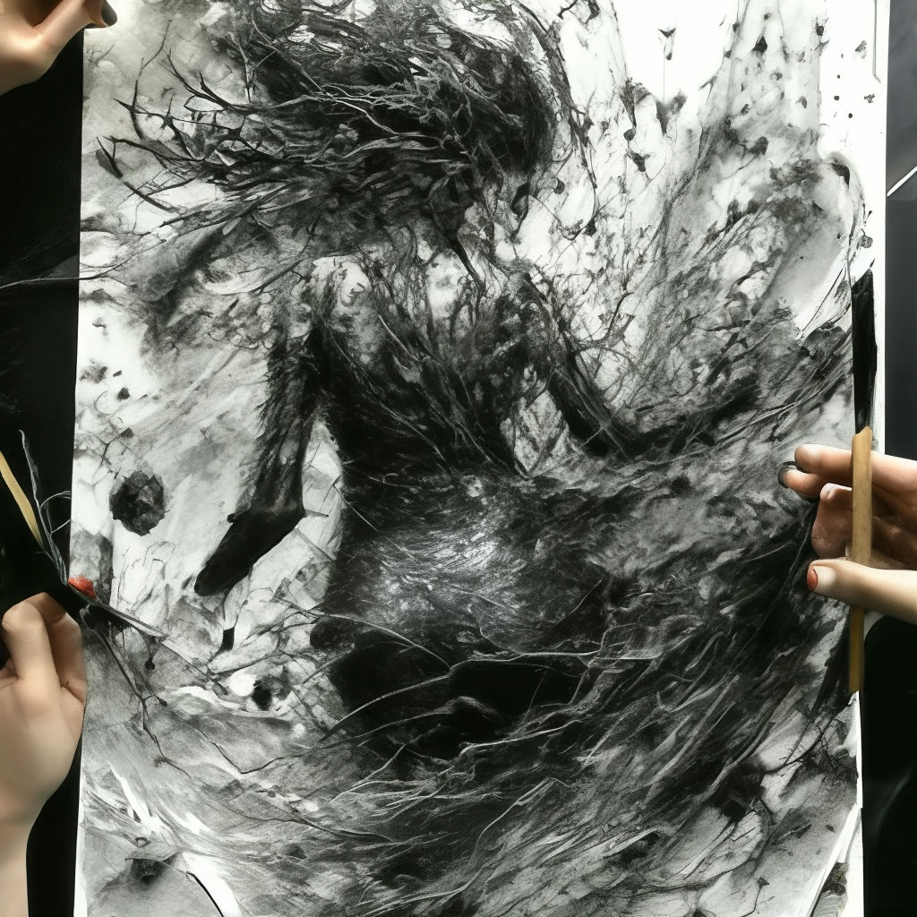 "Ink, dirty evil spirits,a girl made of black glass crumbles into many ...