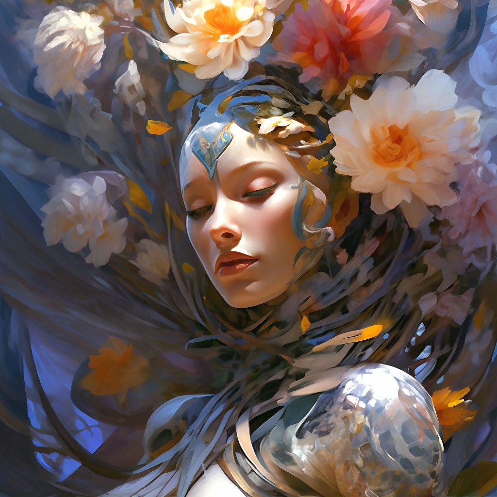 "Close up,a woman with flowers around the head,body with abstract ...