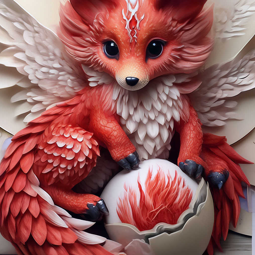 "Fluffy red fox-dragon dragon hatched from an egg, expressive eyes ...