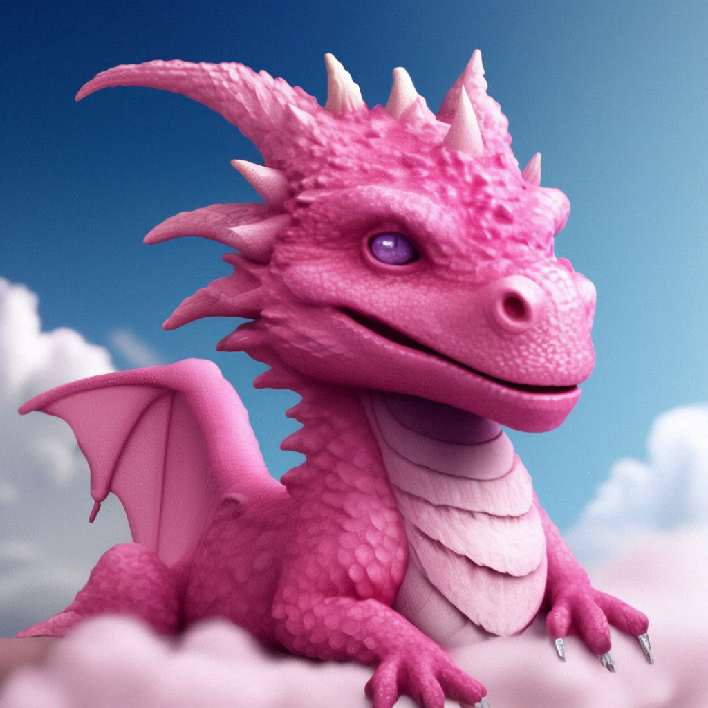 "A cute pink dragon sits on a soft …" — image created in Shedevrum