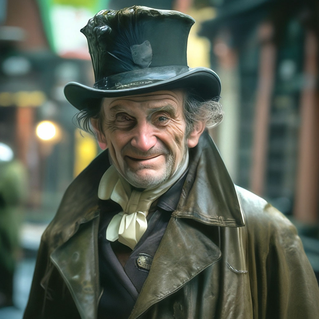 "He was wearing a dirty raincoat, a …" — image created in Shedevrum