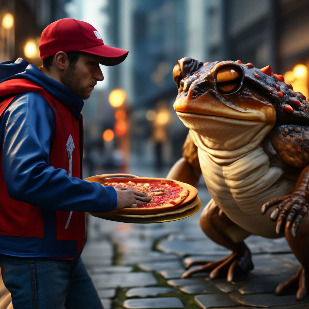"The courier gives the pizza to an evil toothy toad that looks like ...