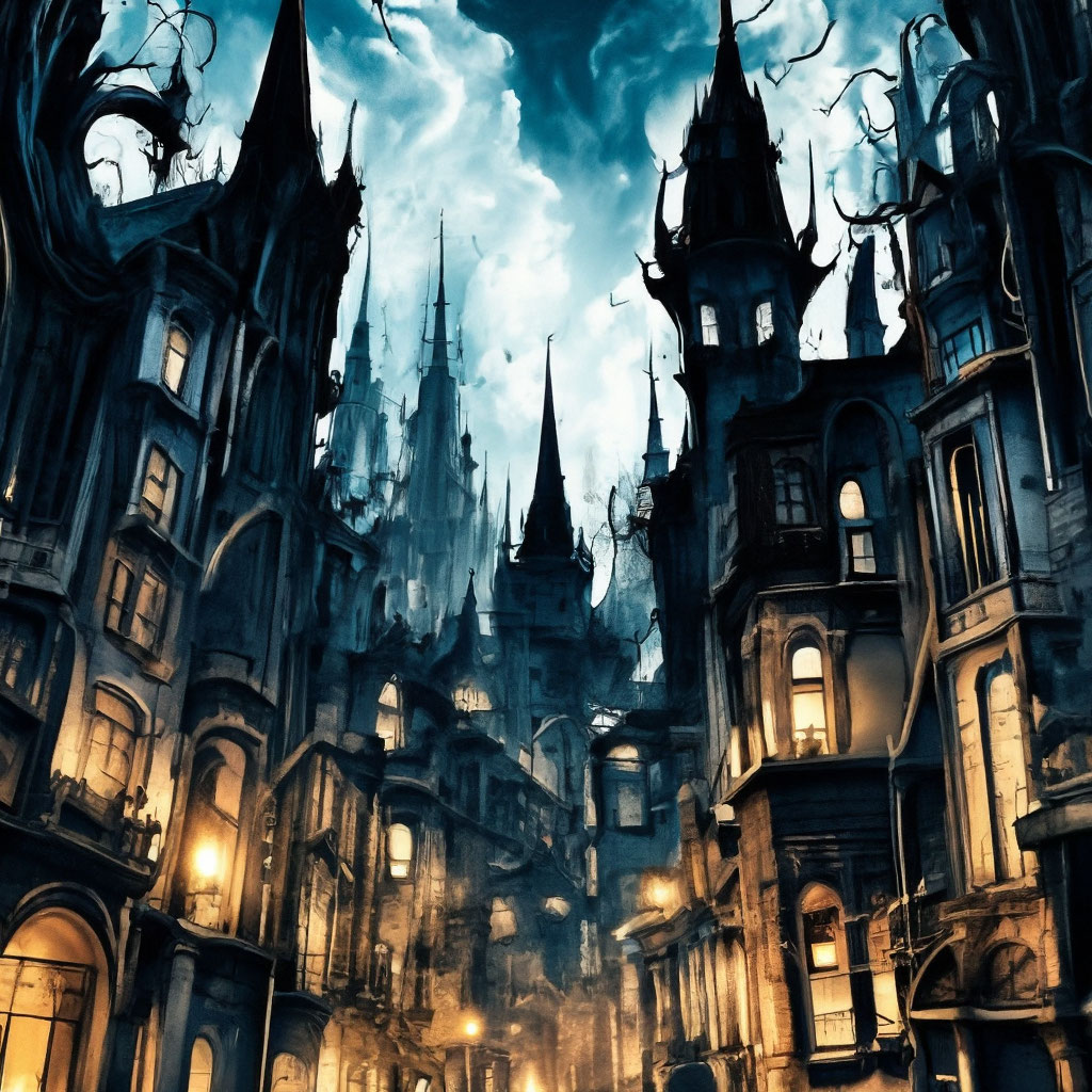 "Gothic city, eyes in the sky, tentacles twist the houses of the city ...