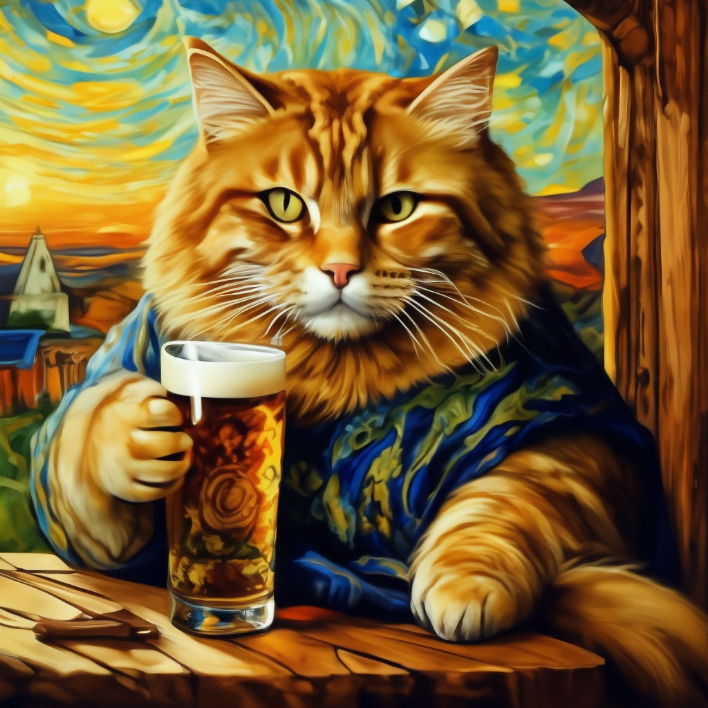 "Fat cat drinks beer, in the style of Wangog" — image created in Shedevrum