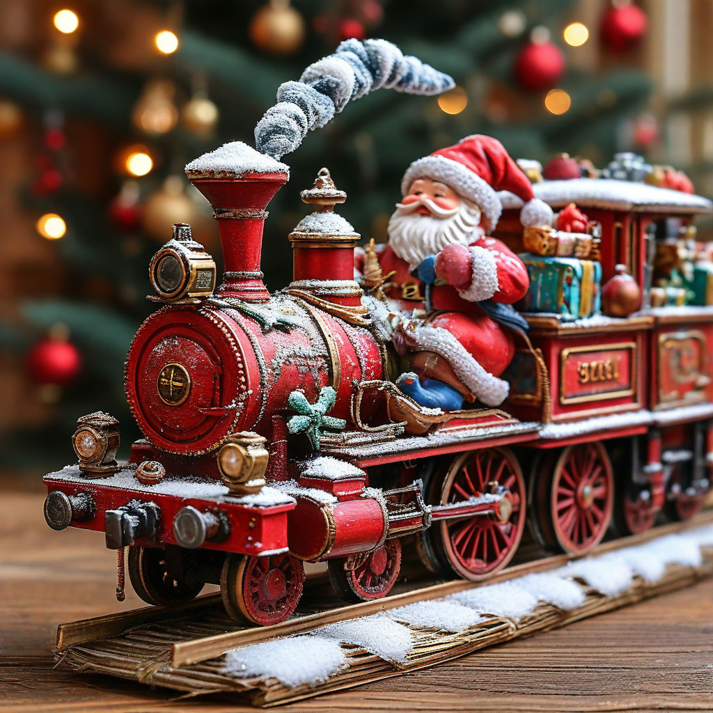 "A New Year's red steam locomotive with carriages in which Santa Claus ...