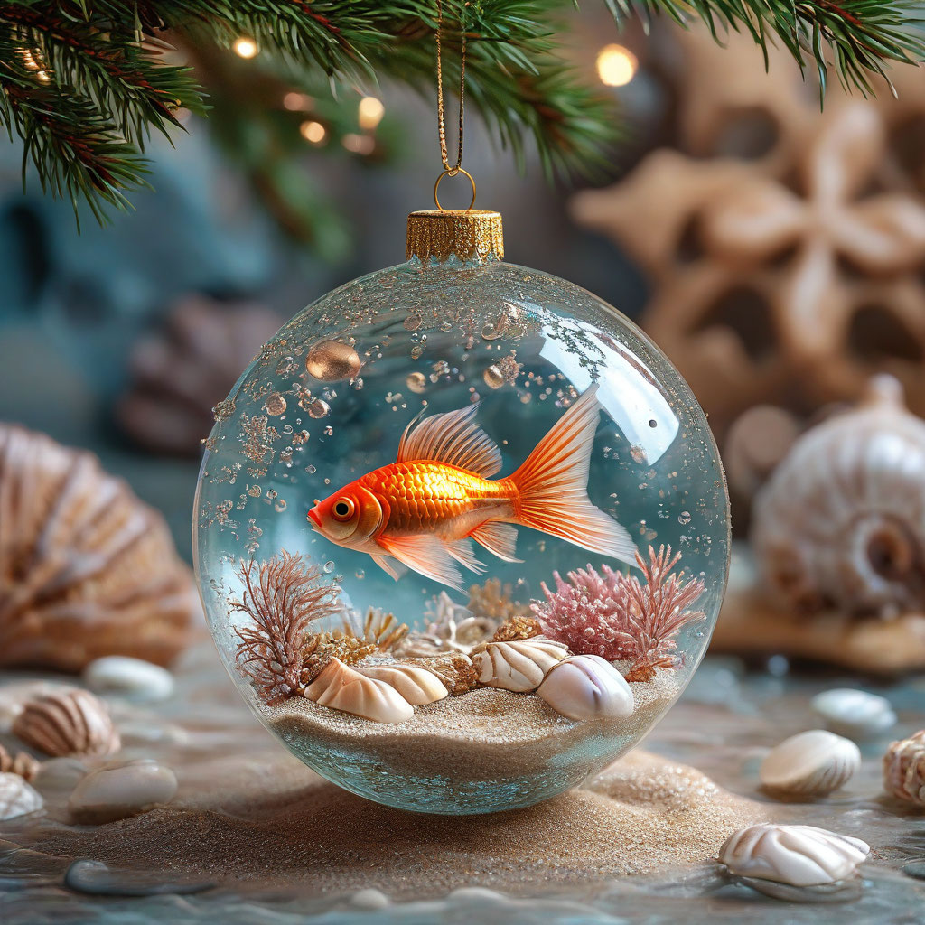 "A transparent ball with a goldfish swimming in it , water, mother-of ...