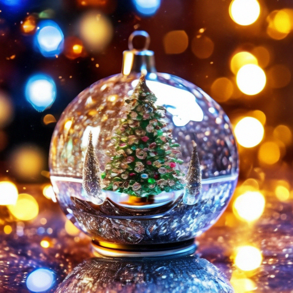 "A Christmas tree ball, close-up, crystal, it reflects a Christmas tree ...