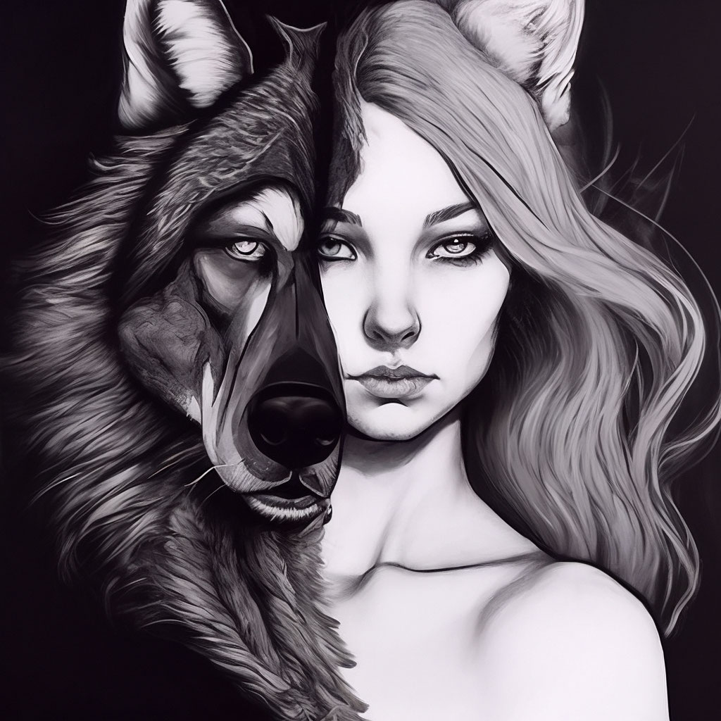 Half Girl Half Wolf Face Drawing
