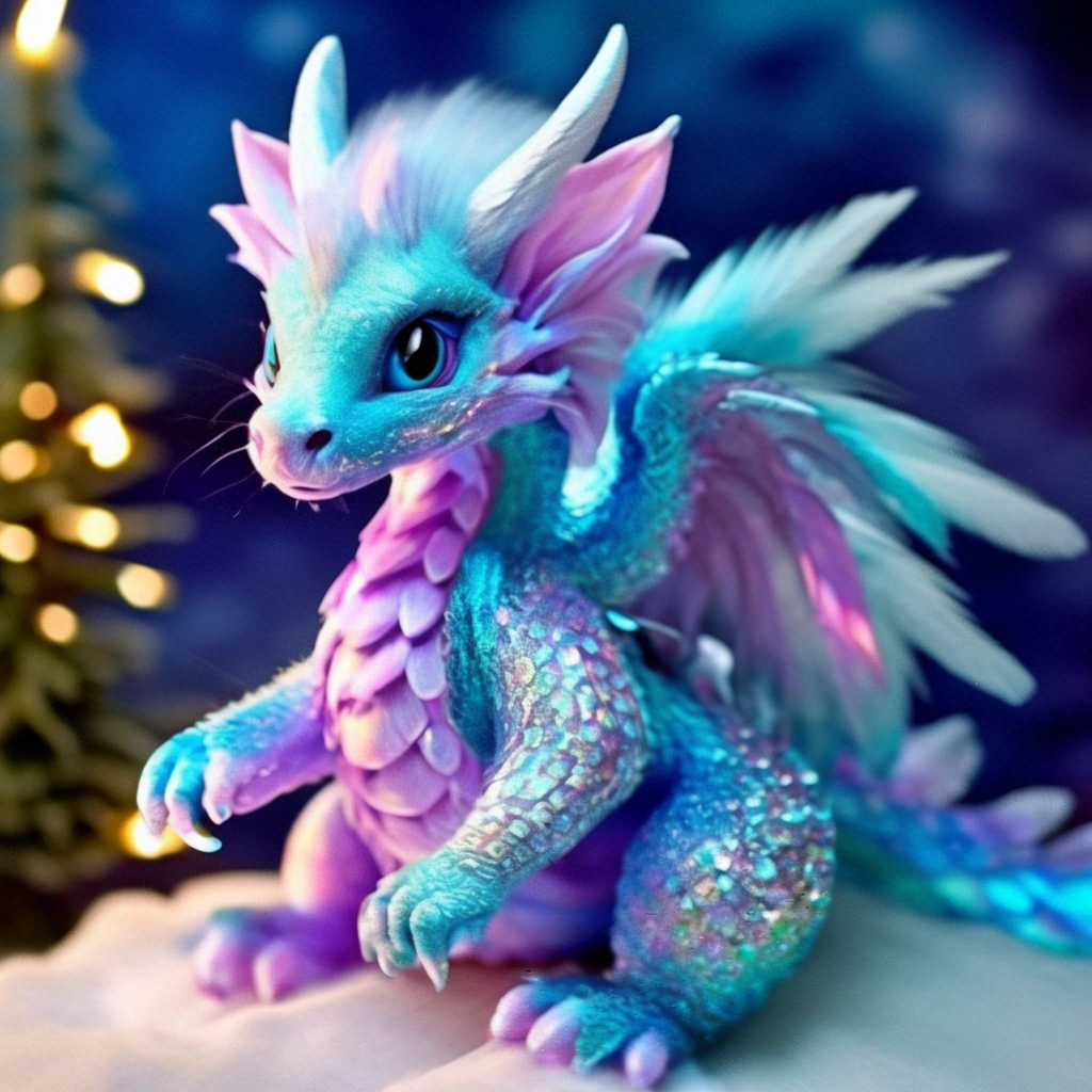 "Beautiful fluffy dragon around a Christmas tree,with blue eyes, epic ...