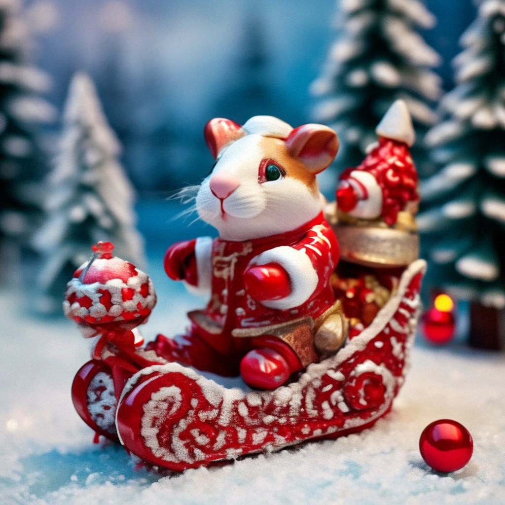 "The guinea pig is completely red on Santa Claus's sleigh with the snow ...