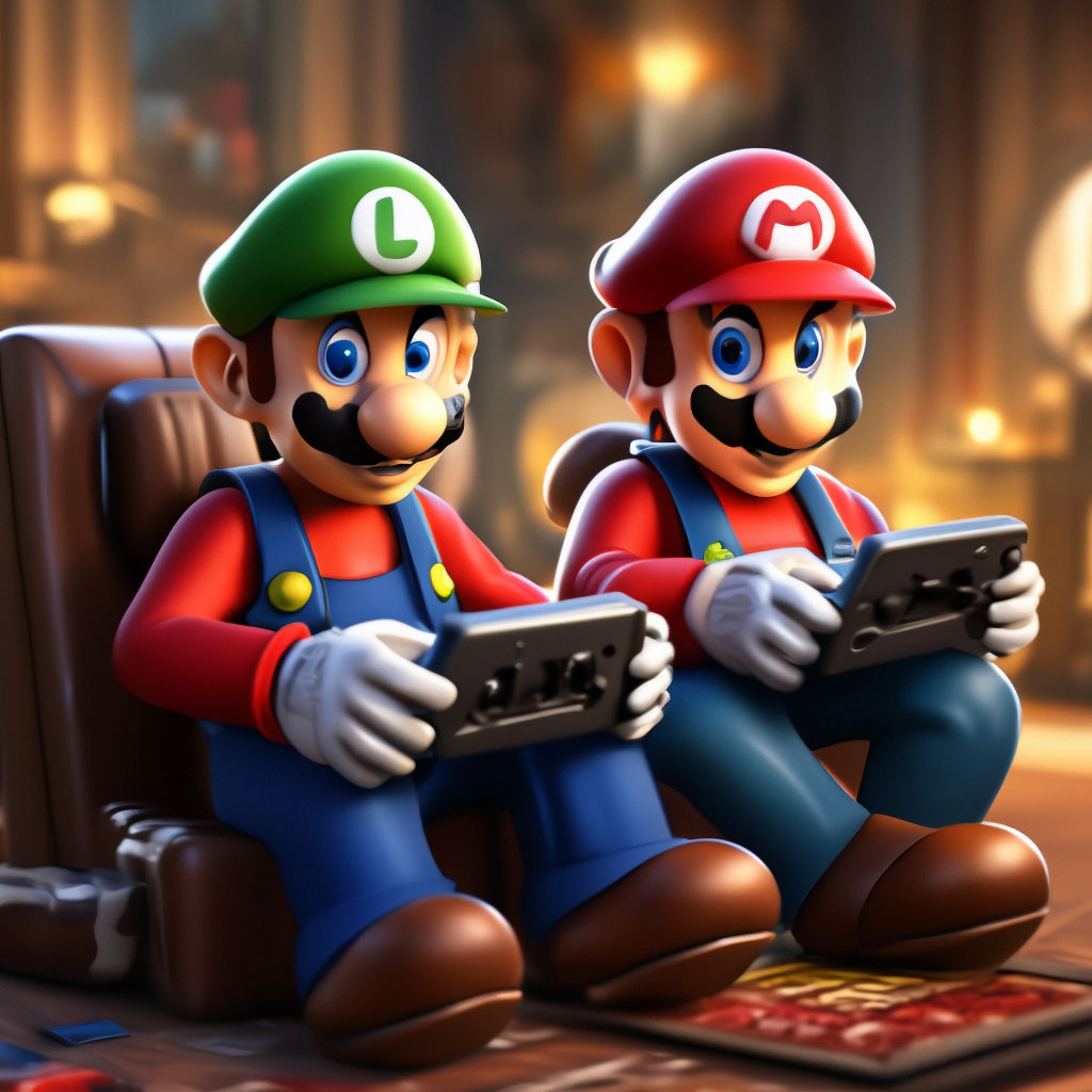 "Mario and Luigi are playing computer games" — image created in Shedevrum