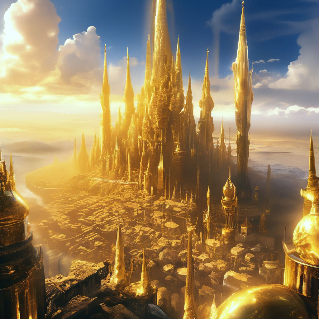 "Golden city with giant towers, with …" — image created in Shedevrum