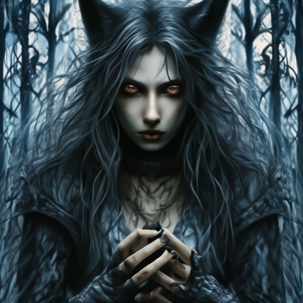 "Wolf girl, humanization engraving, …" — image created in Shedevrum