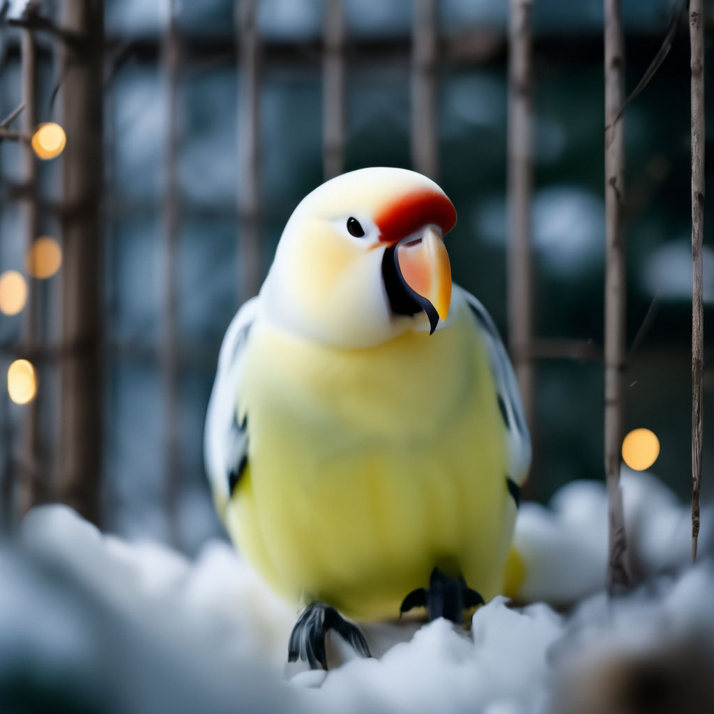 "A snow parrot in a cage" — image created in Shedevrum