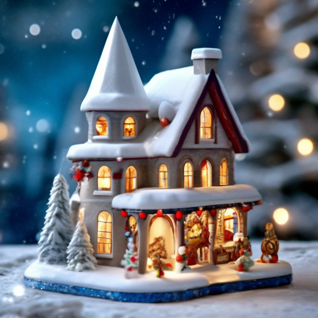 "Christmas tree toy epic snow house with a chimney, shiny snow on the ...
