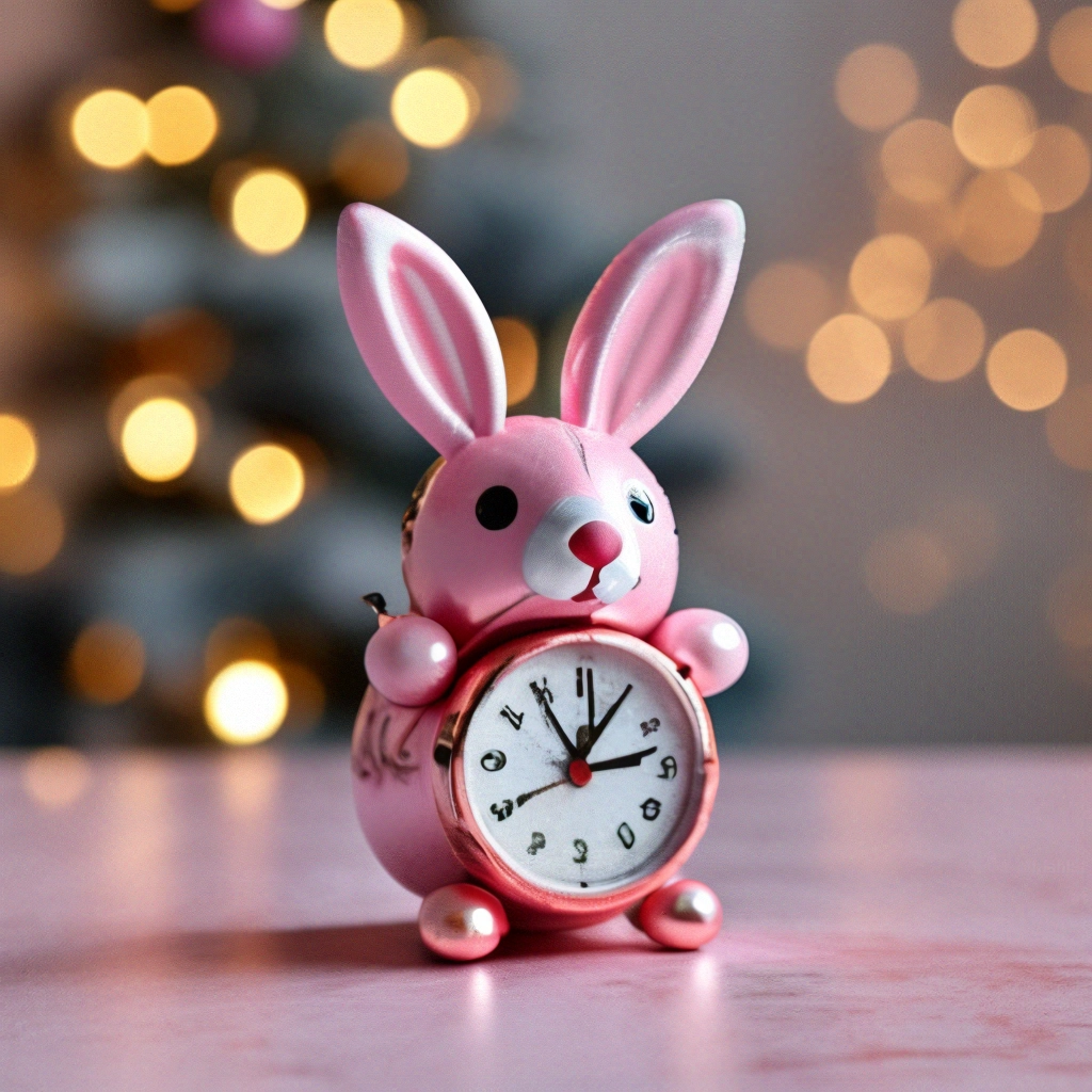 "A miniature pink rabbit with a large alarm clock 5 minutes before ...