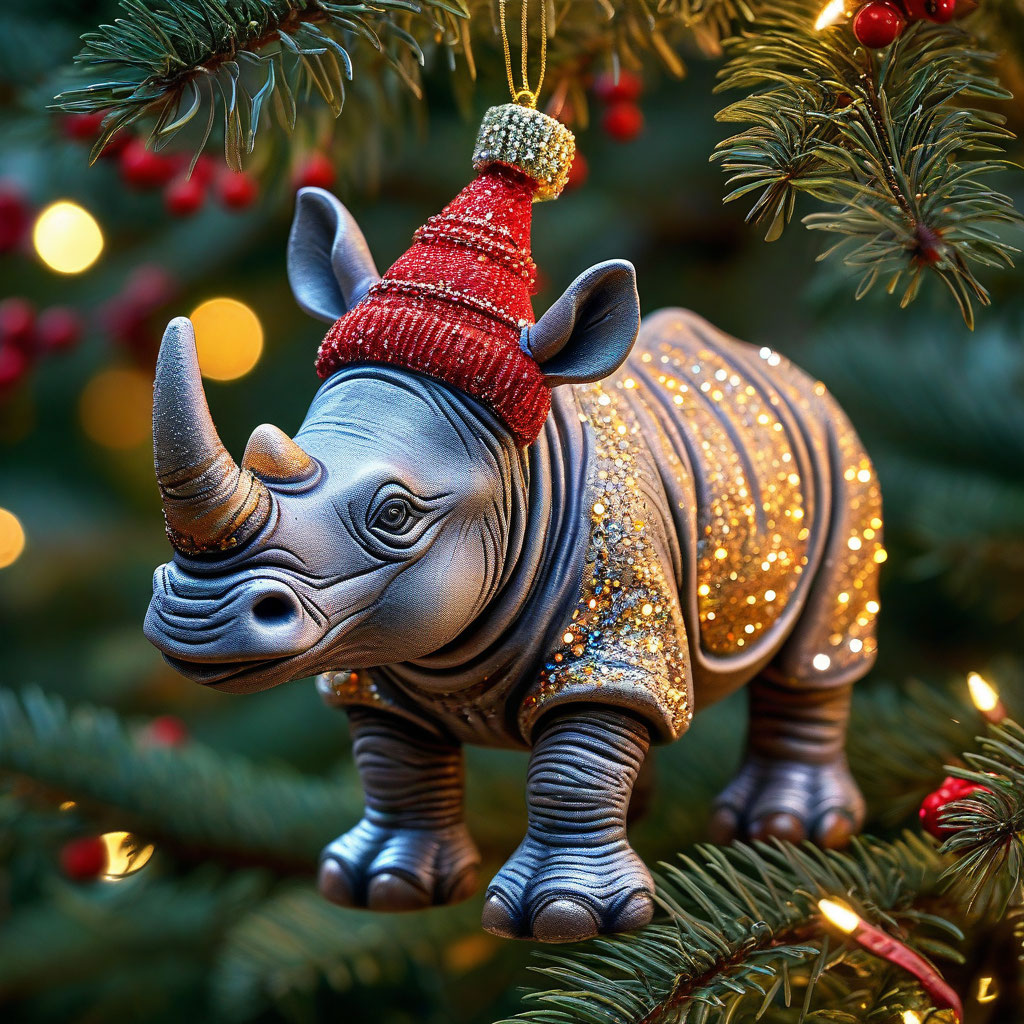 "A beautiful gray rhinoceros in a red Christmas hat is a symbol of a ...
