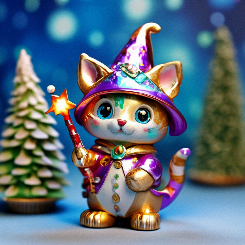 "In the form of a children's doodle, a wizard cat with a magic wand and ...