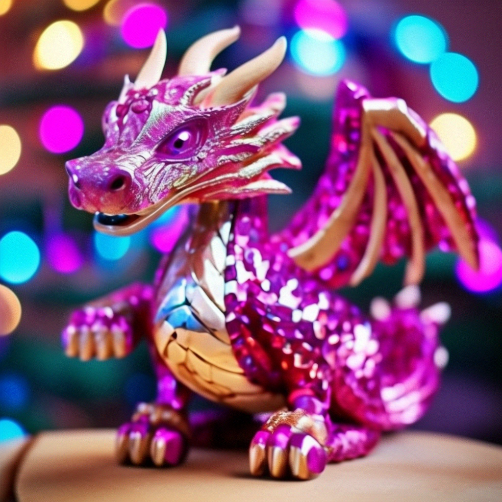 "Dragon purple, fuchsia on a stand, sequined, crystal, smiling" — image ...