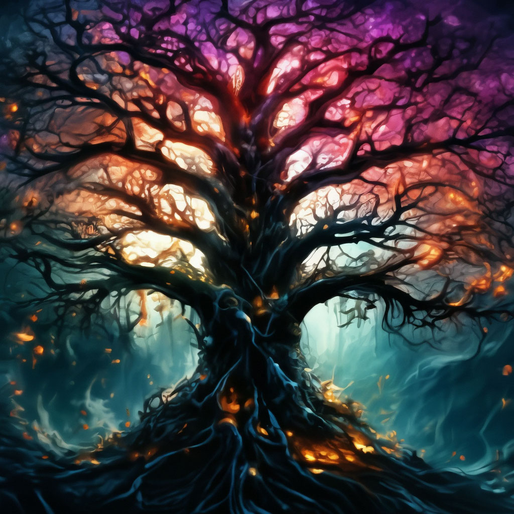 "Family tree, dark fantasy, colorful" — image created in Shedevrum