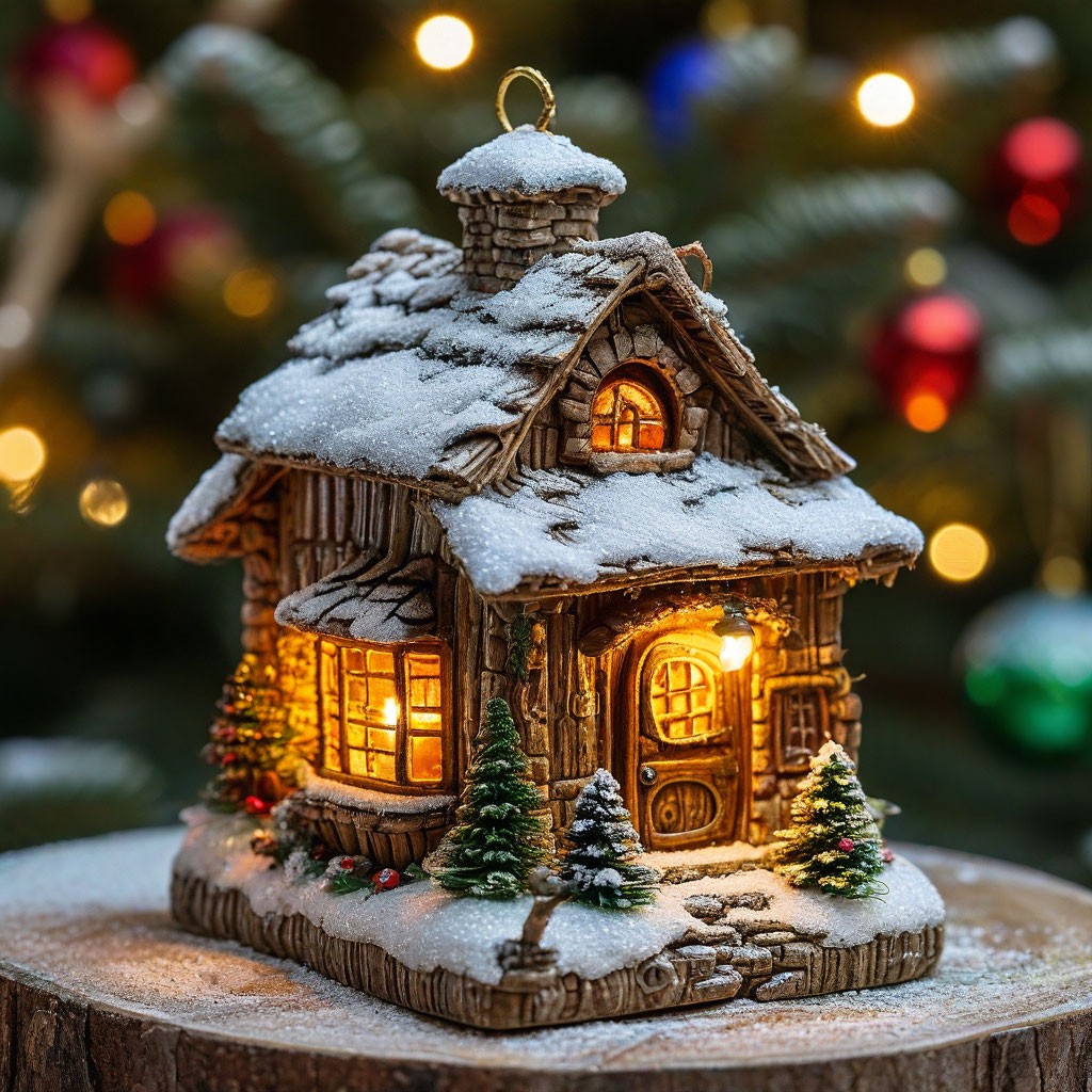 "A glass house with a snow-covered roof and a light in the window ...