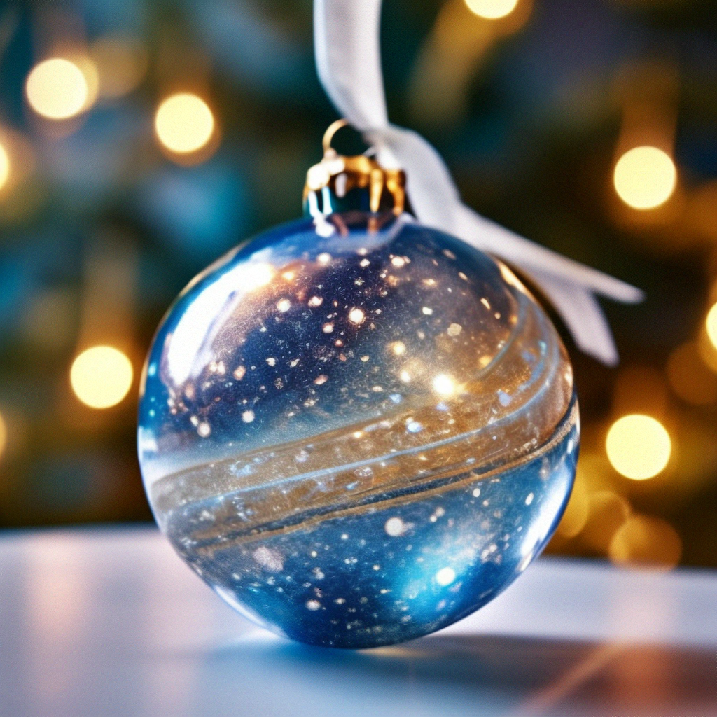 "A glass transparent Christmas tree ball, in which the whole cosmos is ...