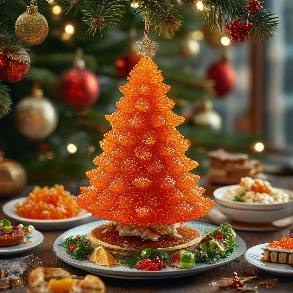 "The festive table is a Christmas tree toy, with various festive food ...