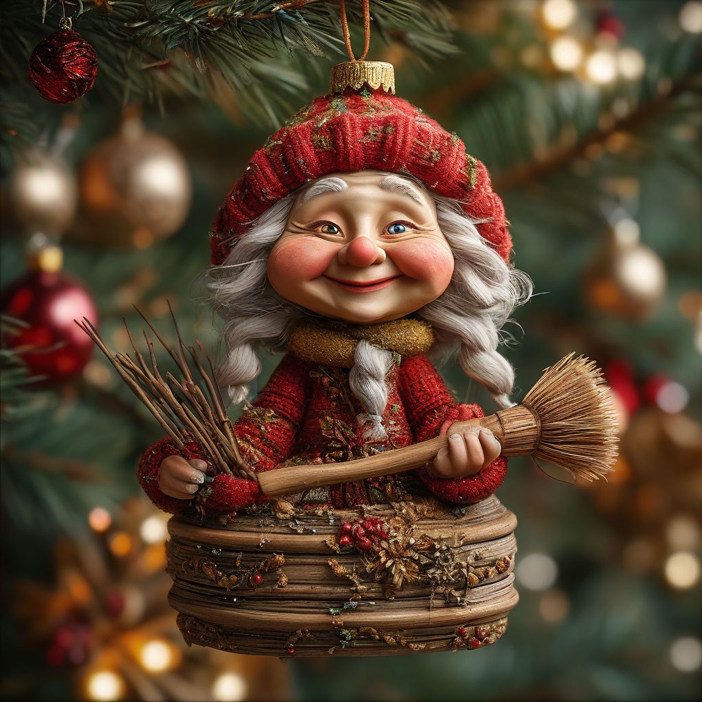 "3D,Christmas tree toy hanging on a branch, fabulous grandma Yaga ...