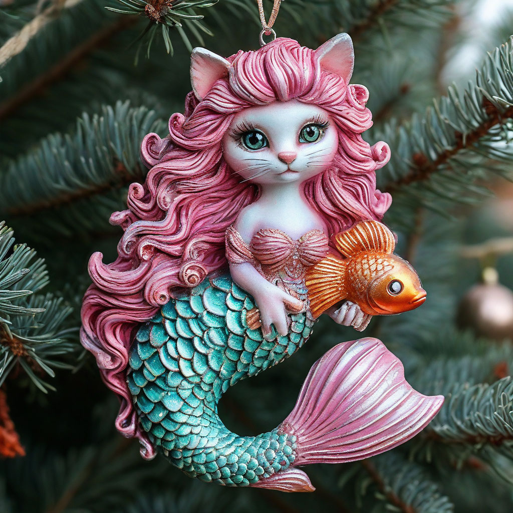 "A bright pink fluffy cat in the form of a mermaid, with a fishy fluffy ...