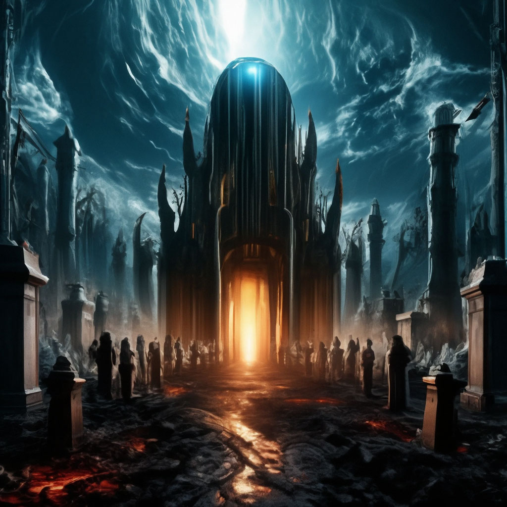 "In the ground, a funnel of souls goes…" — image created in Shedevrum