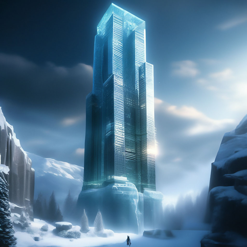 "A magical, icy skyscraper stuck in the ice and super realistic ...