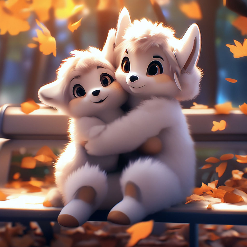 "A very cute fluffy creature with big ears on a bench hugs another ...