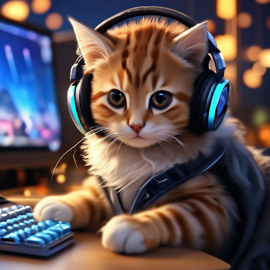"🐱💕 Cute cat is sitting at the computer with headphones anime gamer ...