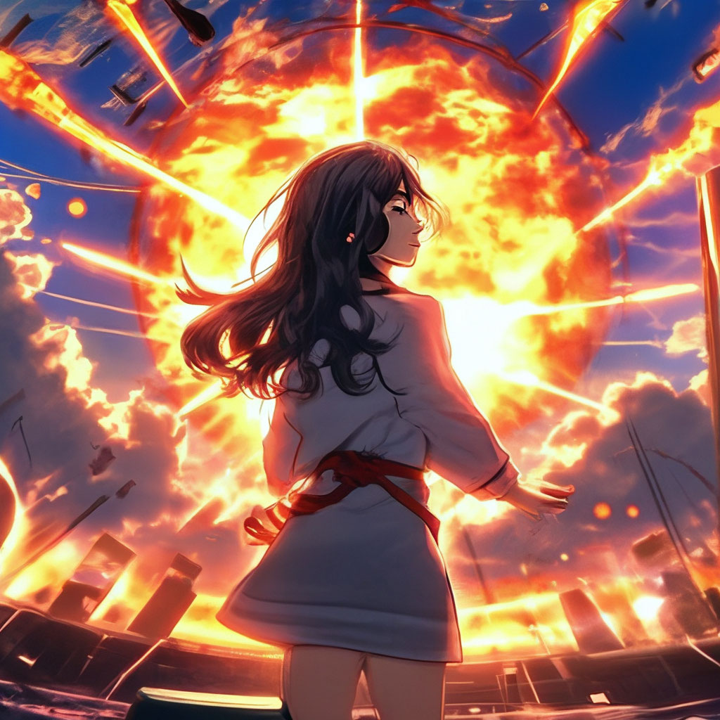 "Nuclear explosion anime woman sings the song Our sun will rise ...