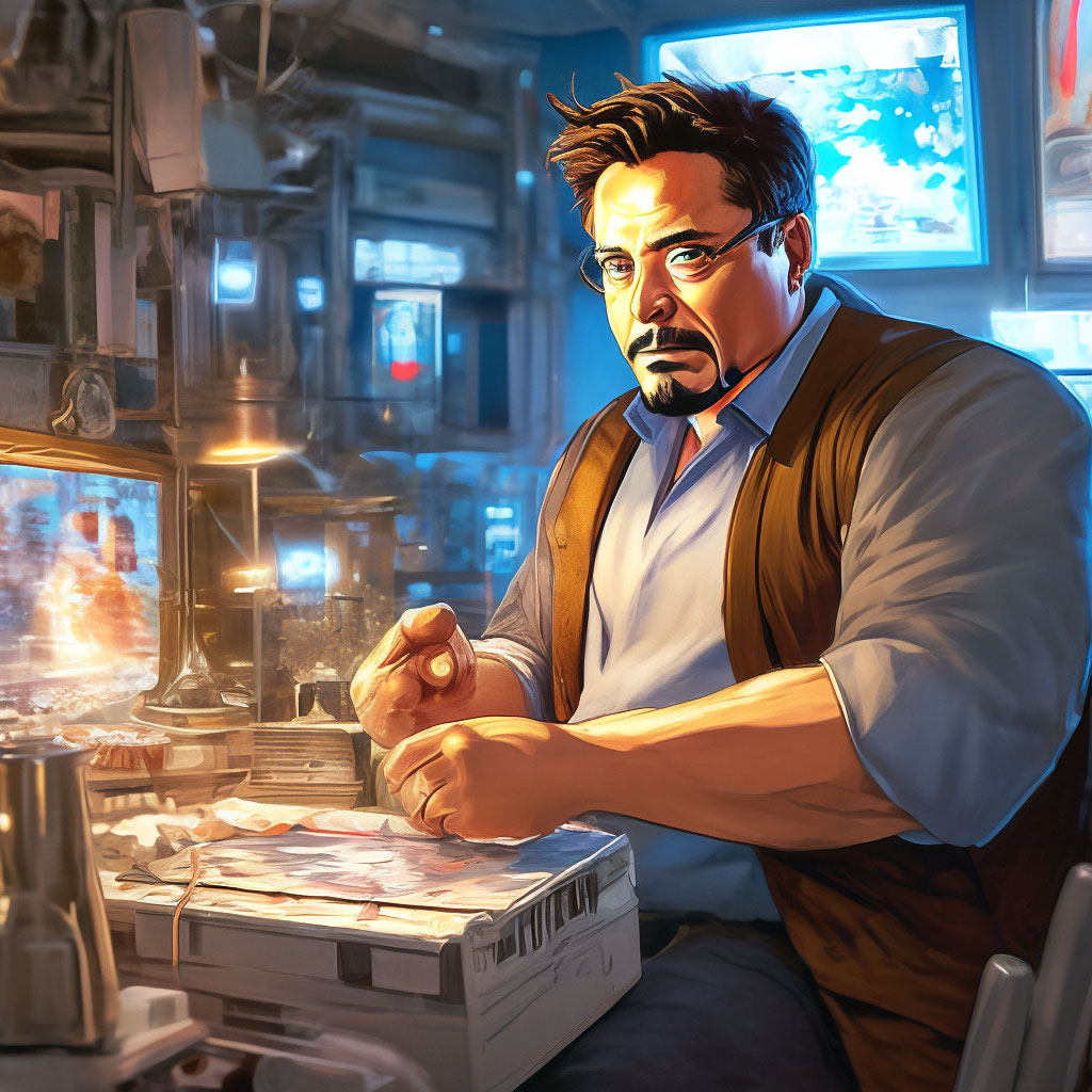 ""An image in the style of a realistic drawing: Fat Tony Stark in a ...