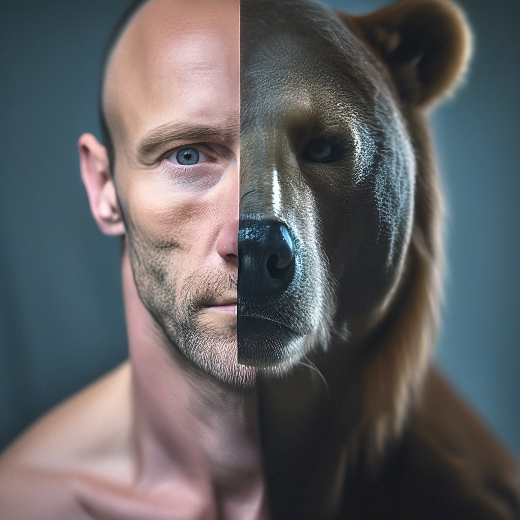 "Hybrid man and bear, half human face, second half bear face ...